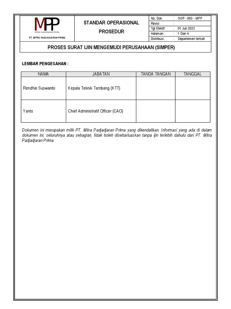 SOP 003-MPP - Proses Surat Izin Mengemudi Perusahaan (SIMPER) | PDF