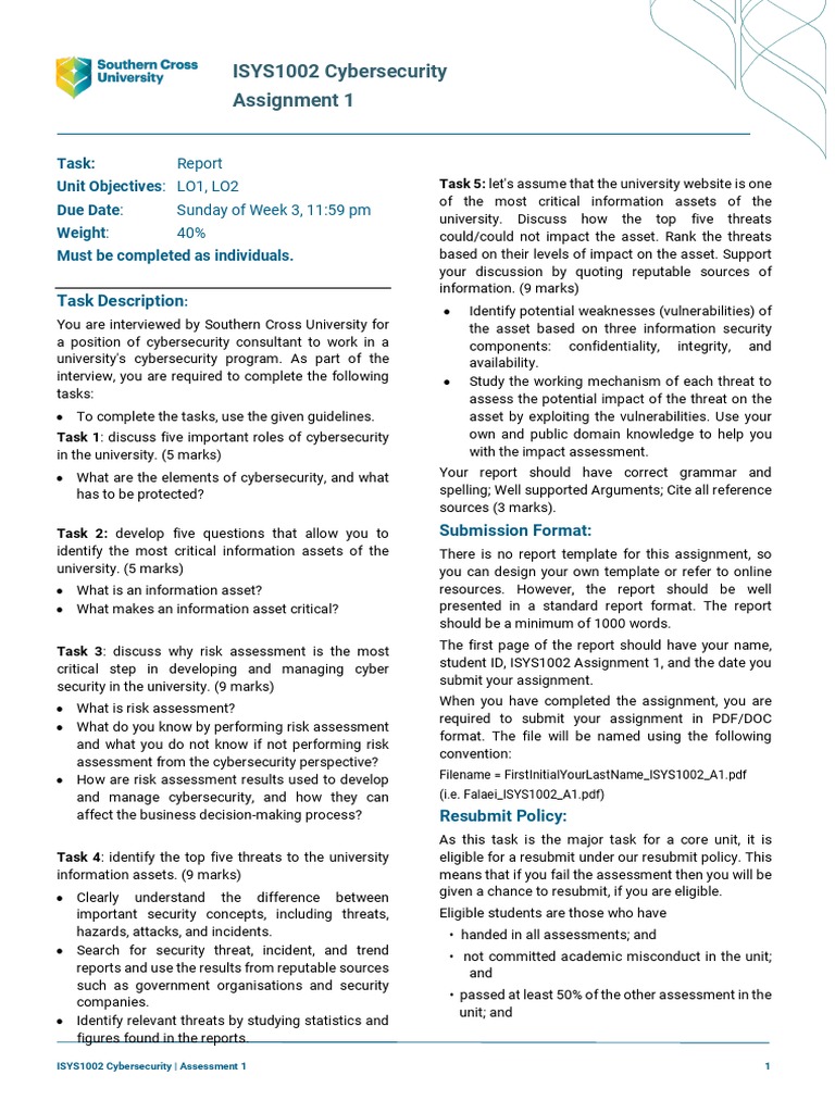 ISYS1002 Cybersecurity Assignment 1: Task Description | PDF | Security ...