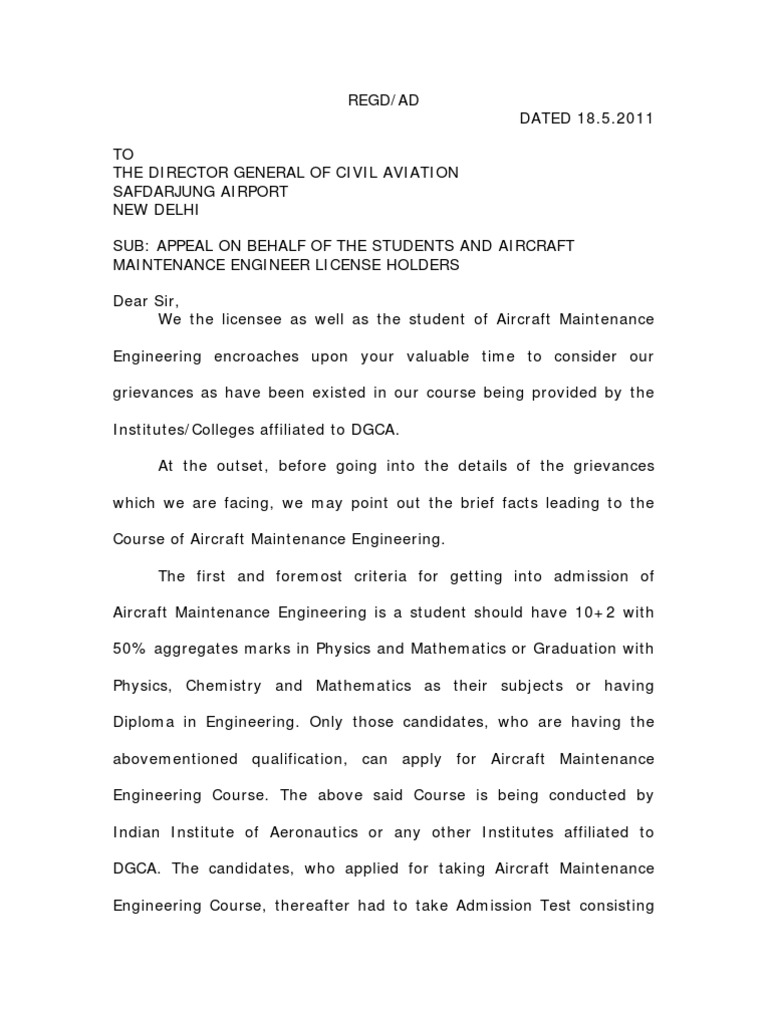 Legal Letter To DGCA | PDF | University And College Admission | Engineering
