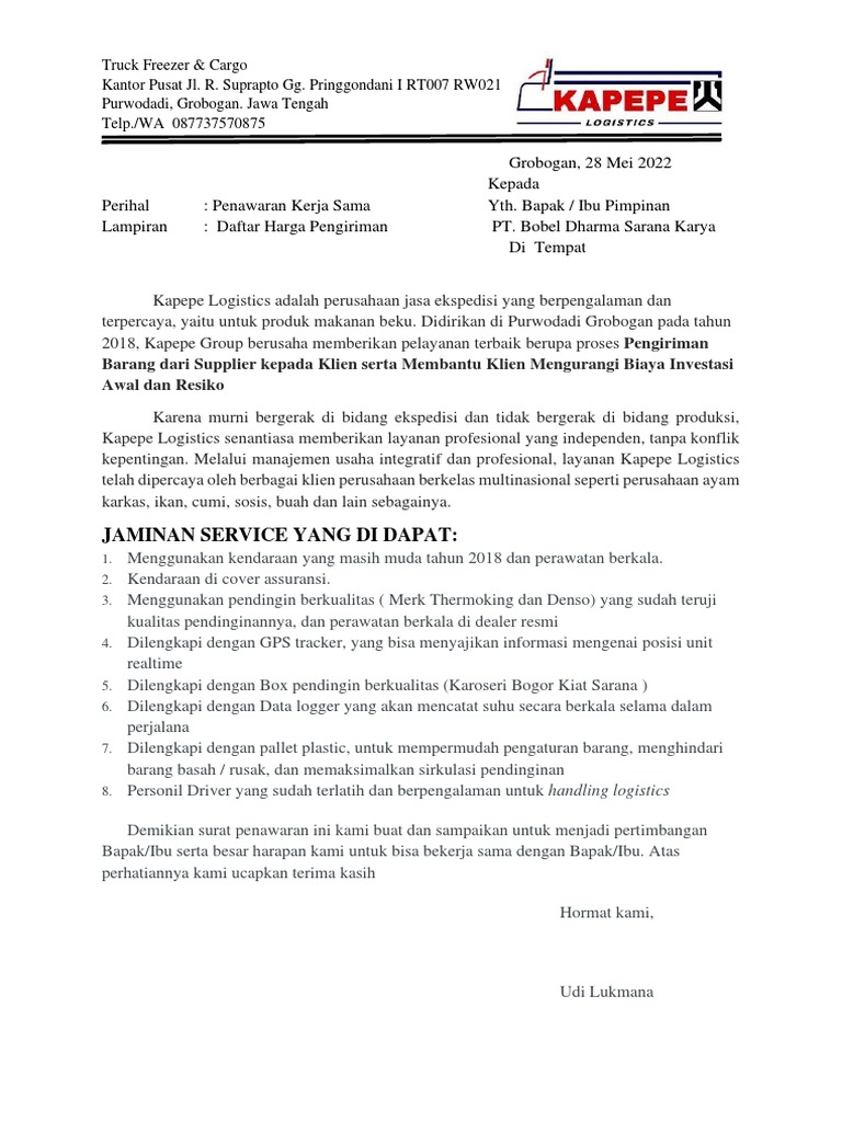 Penawaran Jasa Ekspedisi Kapepe Logistics | PDF
