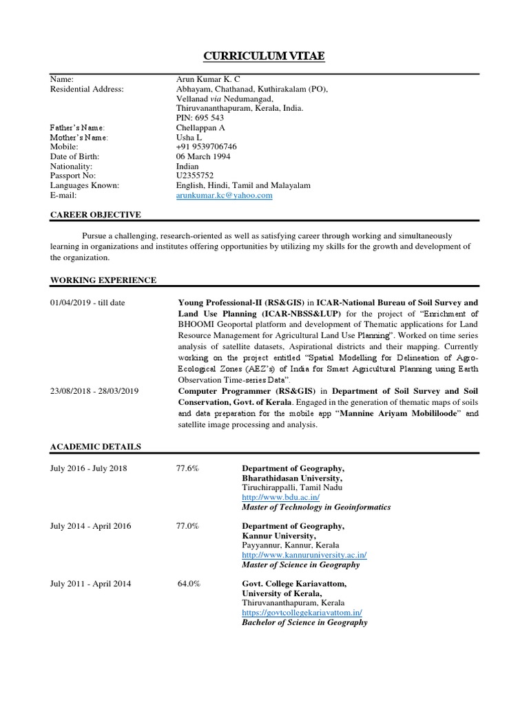 Arunkumar K C Curriculum Vitae | PDF | Geographic Information System | Geography
