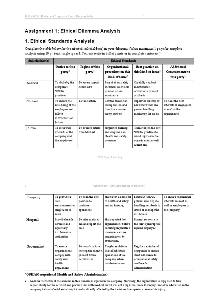 Ethical Dilemma Analysis Worksheet | PDF | Occupational Safety And ...