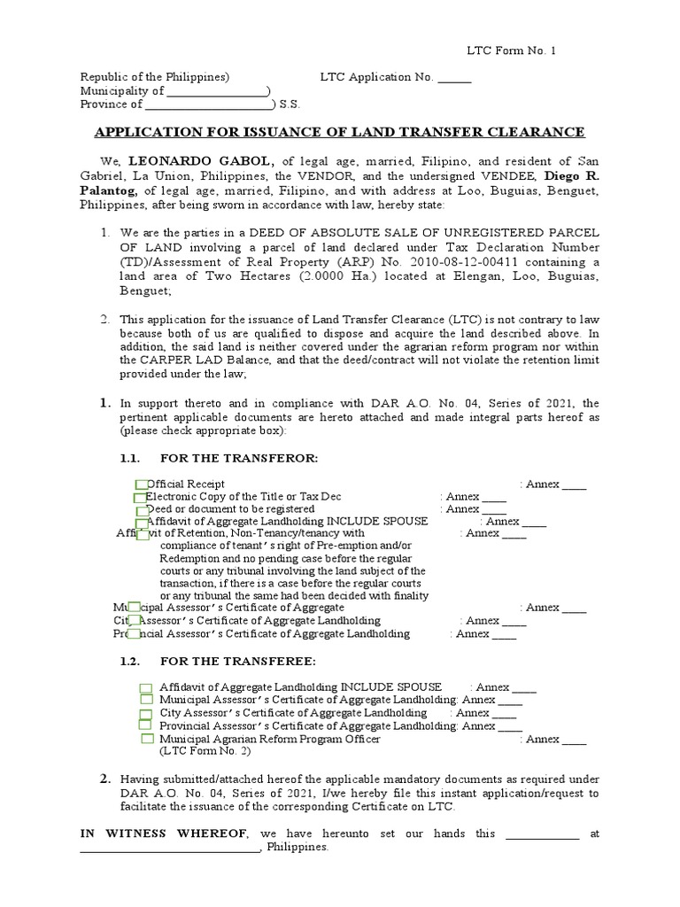 Land Transfer Clearance Application Form | PDF | Natural Resources Law ...