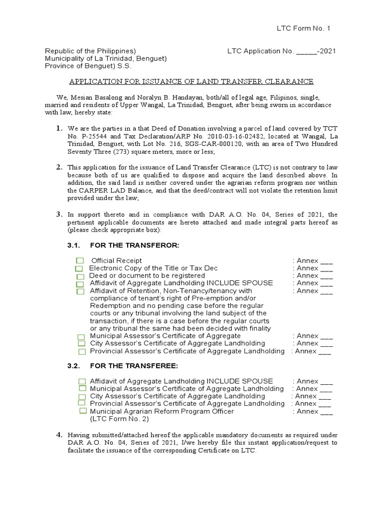APPLICATION FOR LAND TRANSFER CLEARANCE - DAR.Basalong & Handayan.2021 ...