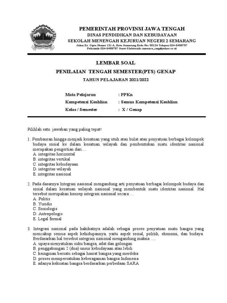 Soal PTS Genap PPKN Kelas X 2021-22 | PDF