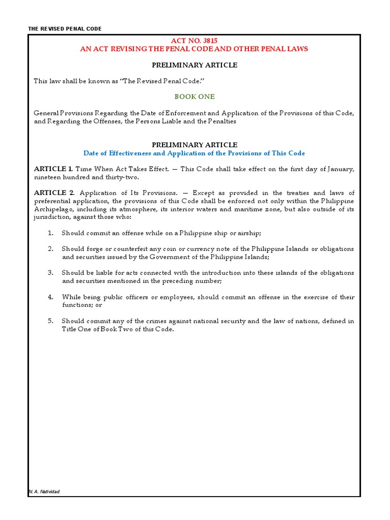 NAN CODAL NOTES - THE REVISED PENAL CODE ART 1-113 Printed | PDF ...