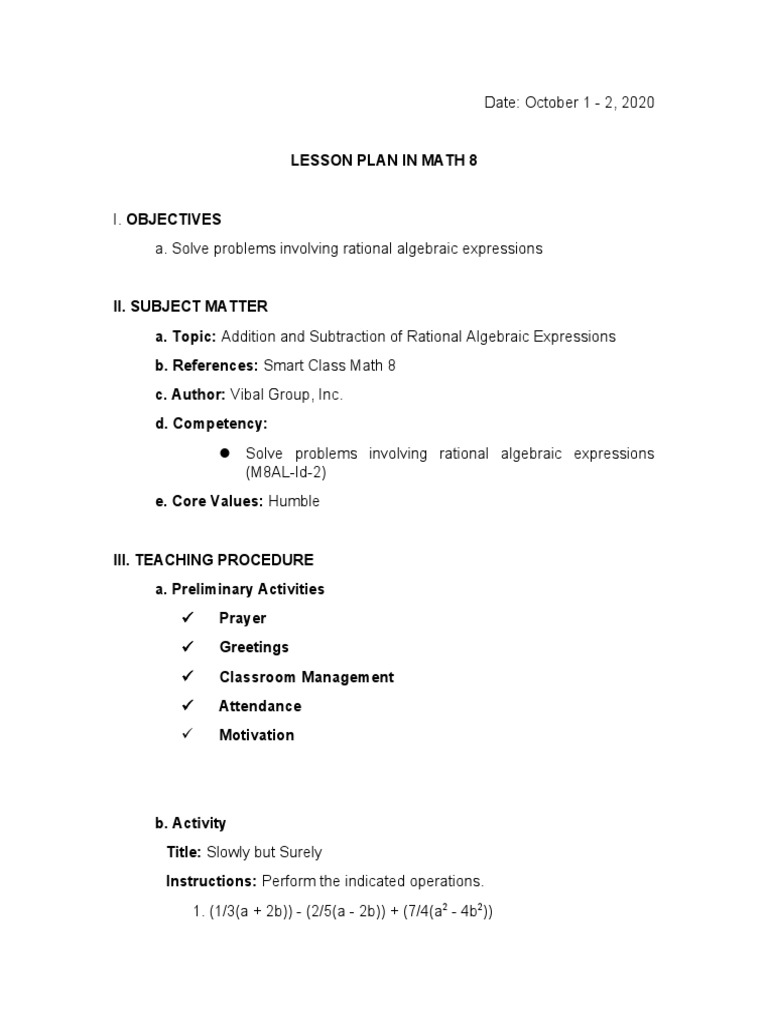 Rational Algebraic Expressions Lesson | PDF | Mathematics | Equations