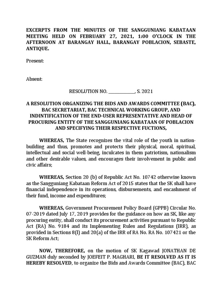 SK Resolution BAC | PDF | Procurement | Justice