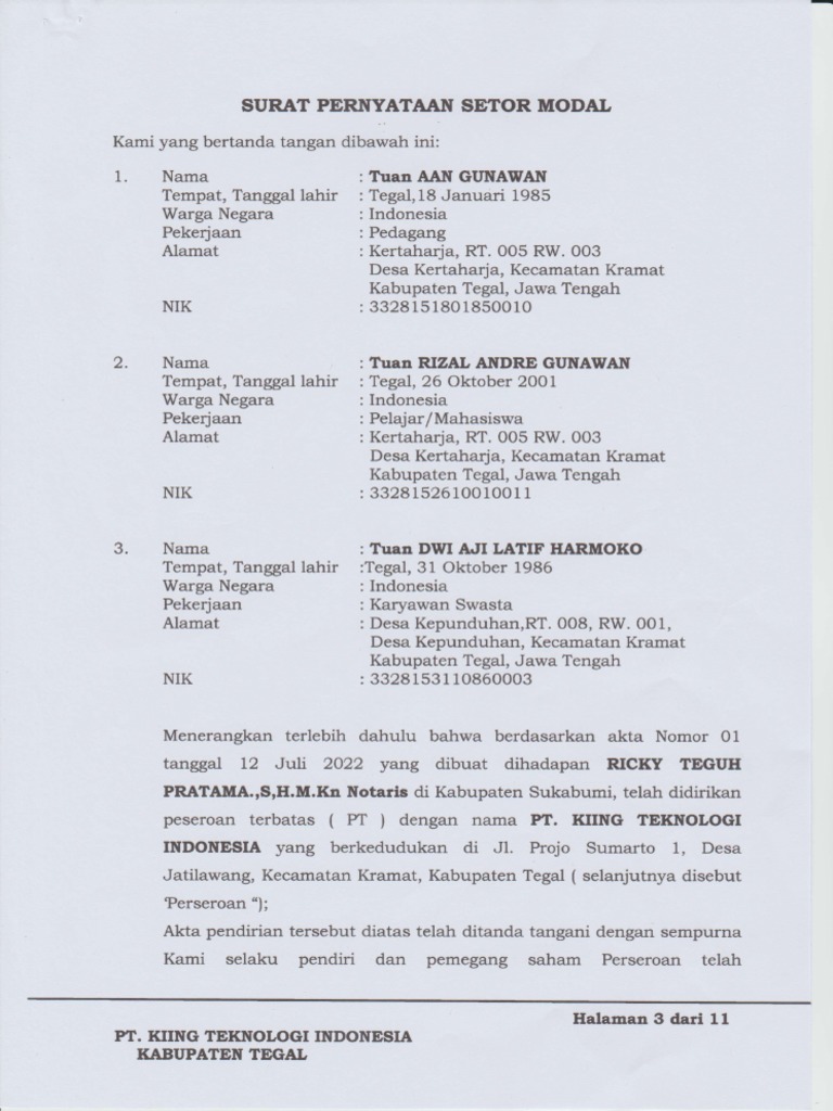 Pernyataan Setor Modal | PDF