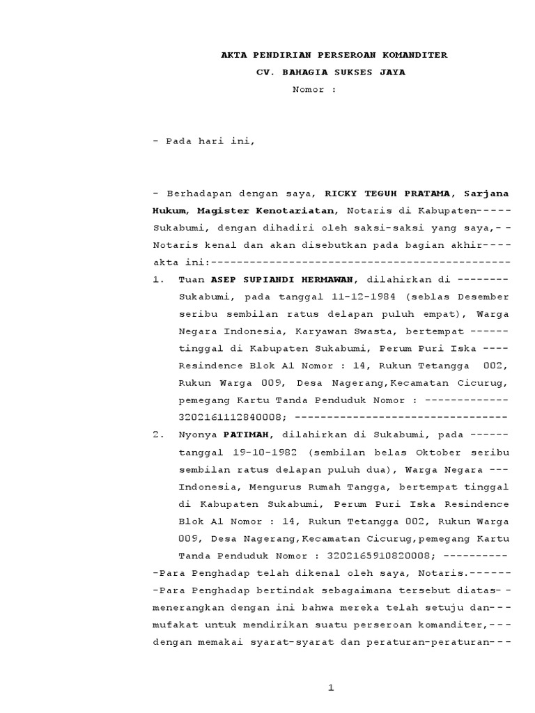 Minuta Akta Pendirian - Cv. Bahagia Sukses Jaya | PDF