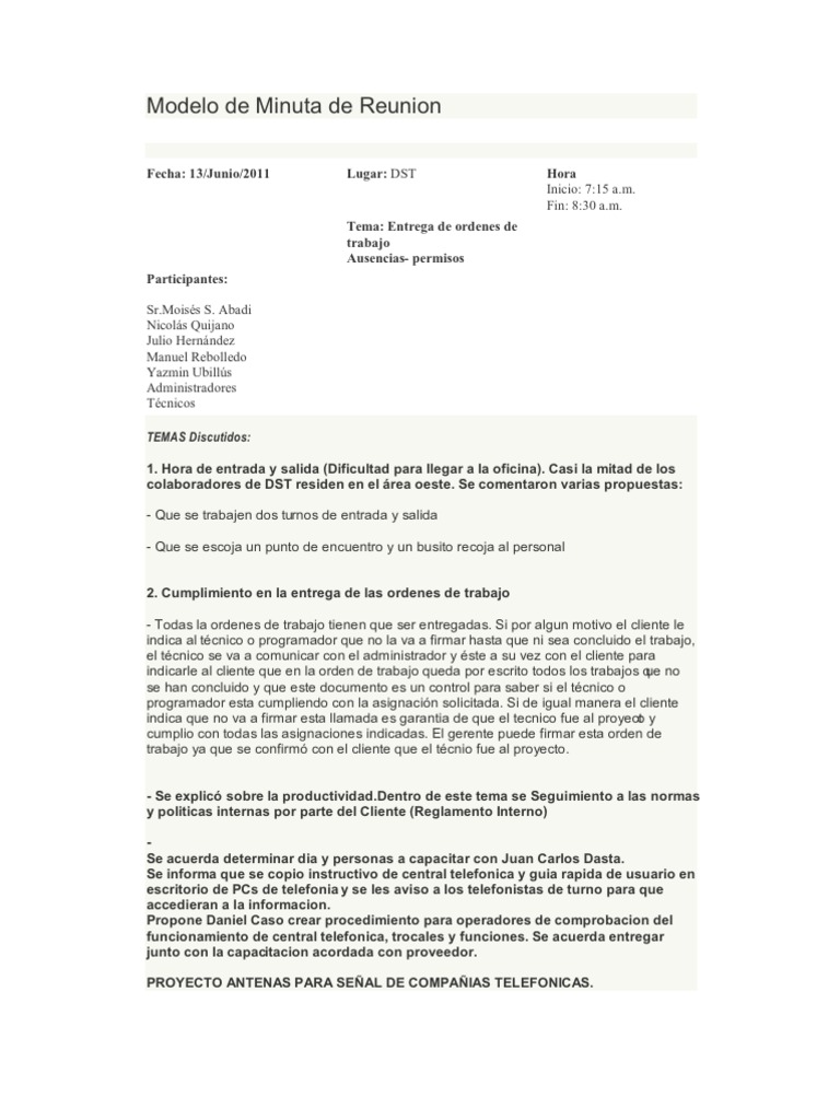 Modelo De Minuta De Reunion