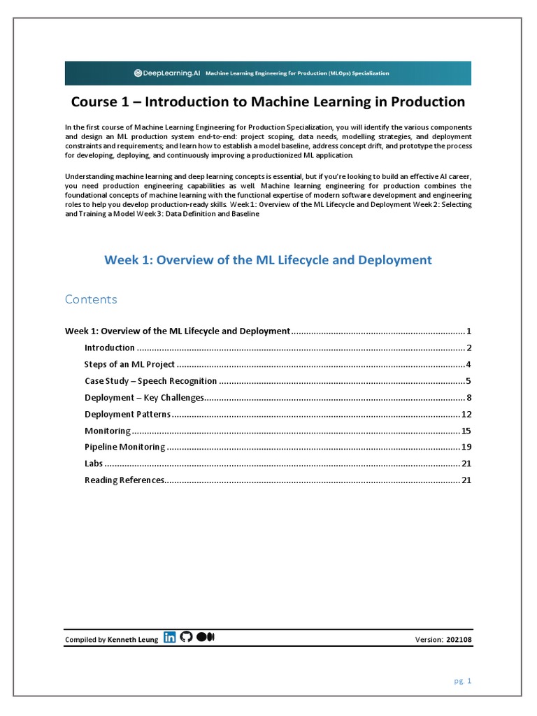Week 1 - Overview of ML Lifecycle and Deployment | PDF | Machine Learning | Speech Recognition