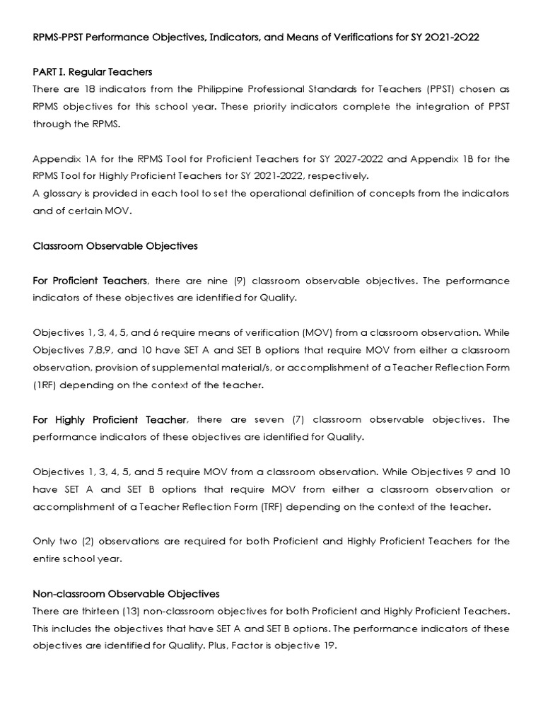 RPMS-PPST Indicators and MOVs for Teachers | PDF | Learning | Lesson Plan