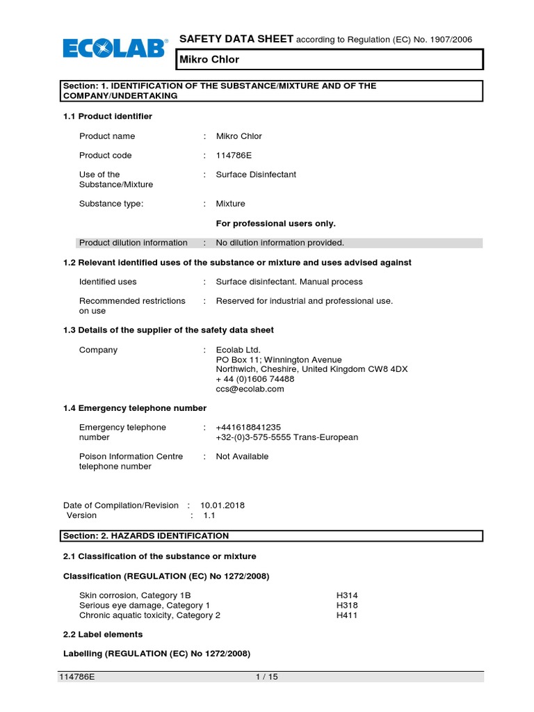 Safety Data Sheet Mikro Chlor | PDF | Toxicity | Personal Protective ...