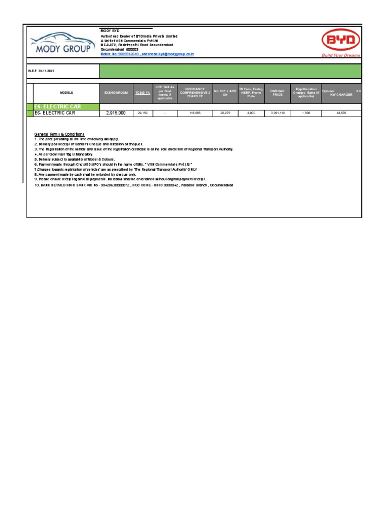 BYD PRICELIST FORMAT | PDF | Service Industries | Transport