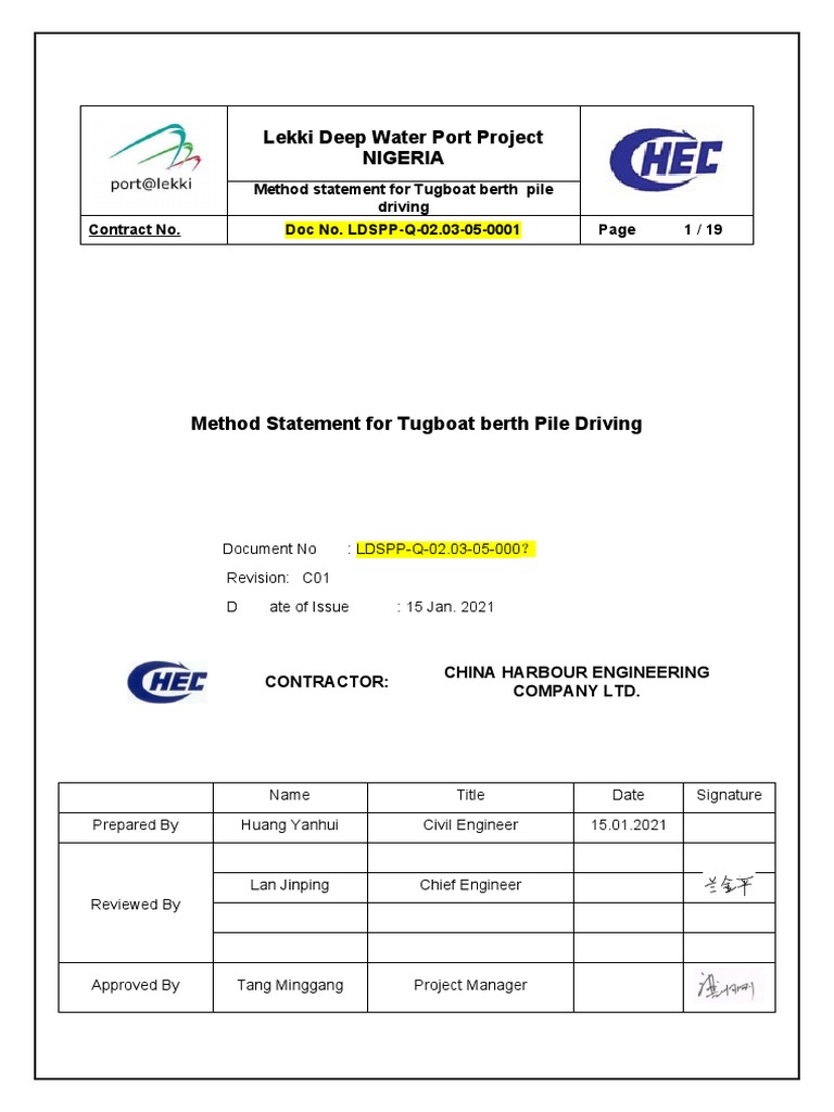 Method Statement for Tugboat Berth Pile Driving (缺附件A） | PDF | Deep Foundation | Crane (Machine)