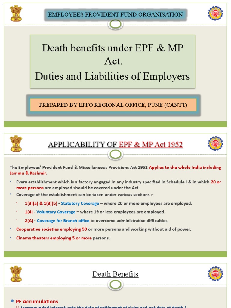 Death Benefits Under EPF & MP Act. Duties and Liabilities of Employers ...