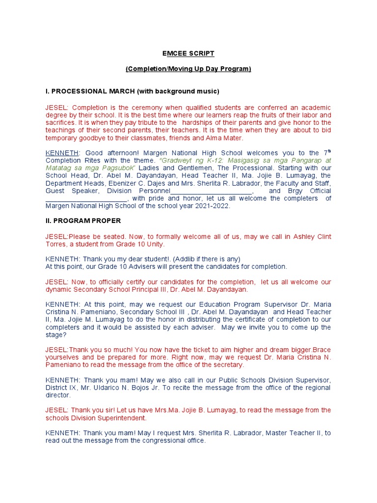 Emcee Script For Moving Up or Graduation | PDF