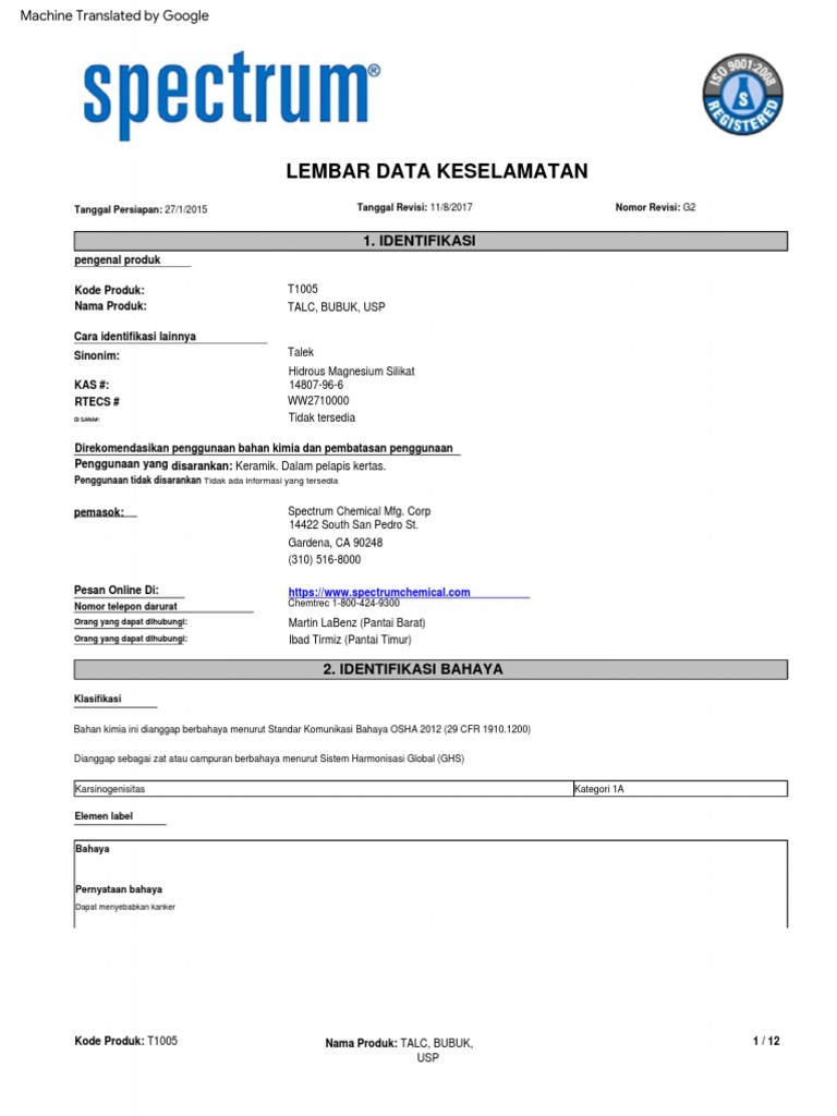 MSDS Talc Talek | PDF