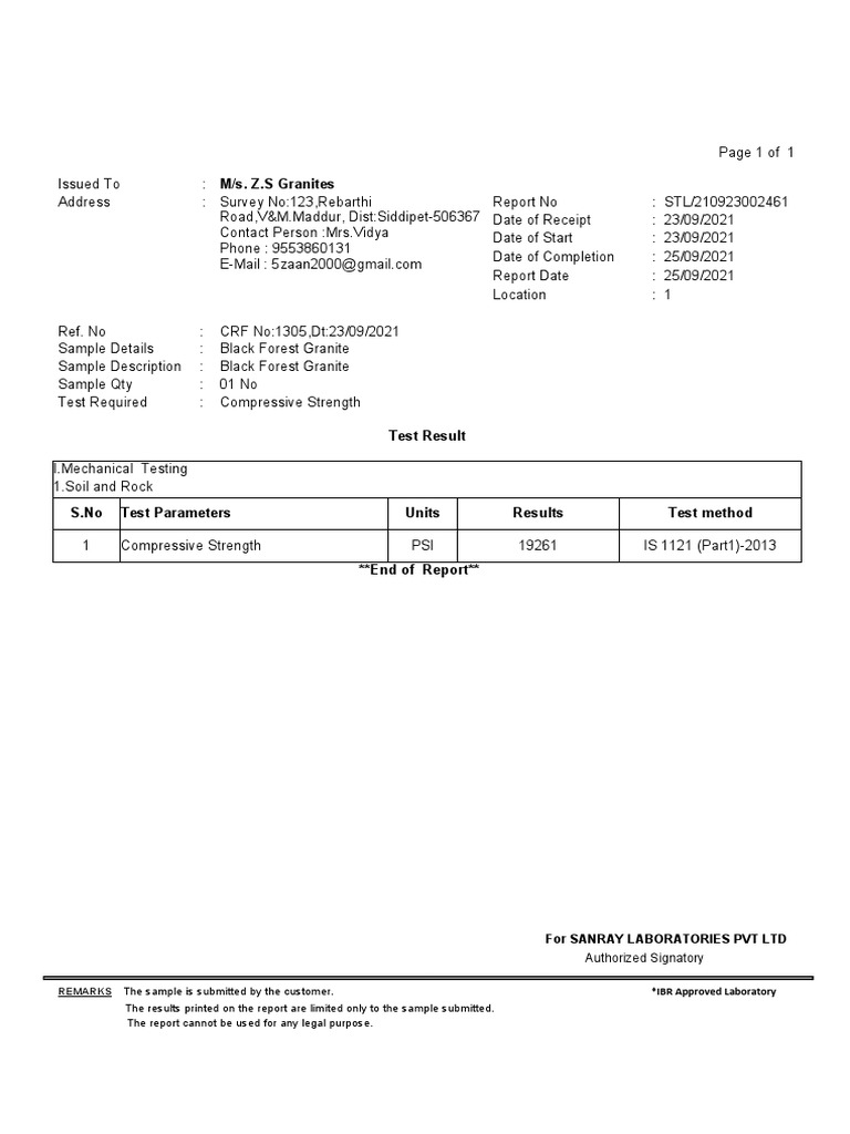 Test Result: For Sanray Laboratories PVT LTD | PDF