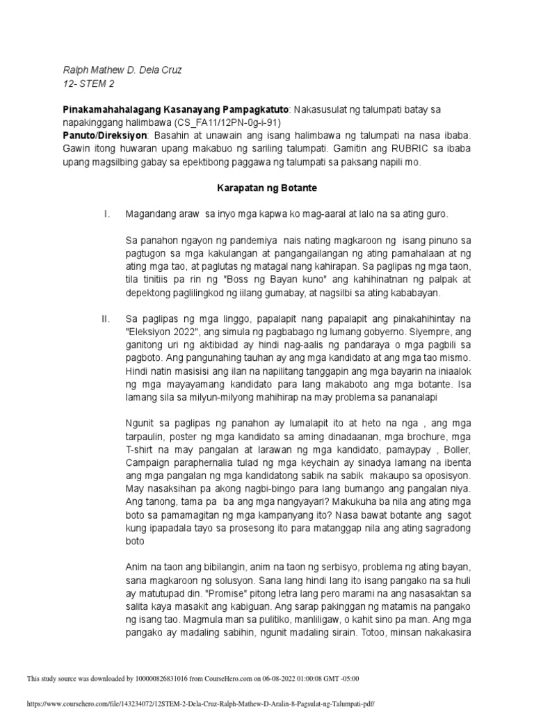 12STEM 2 Dela Cruz Ralph Mathew D Aralin 8 Pagsulat NG Talumpati PDF | PDF