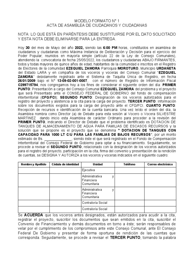 Acta Asamblea Consejo Comunal | PDF | Bancos | Gobierno