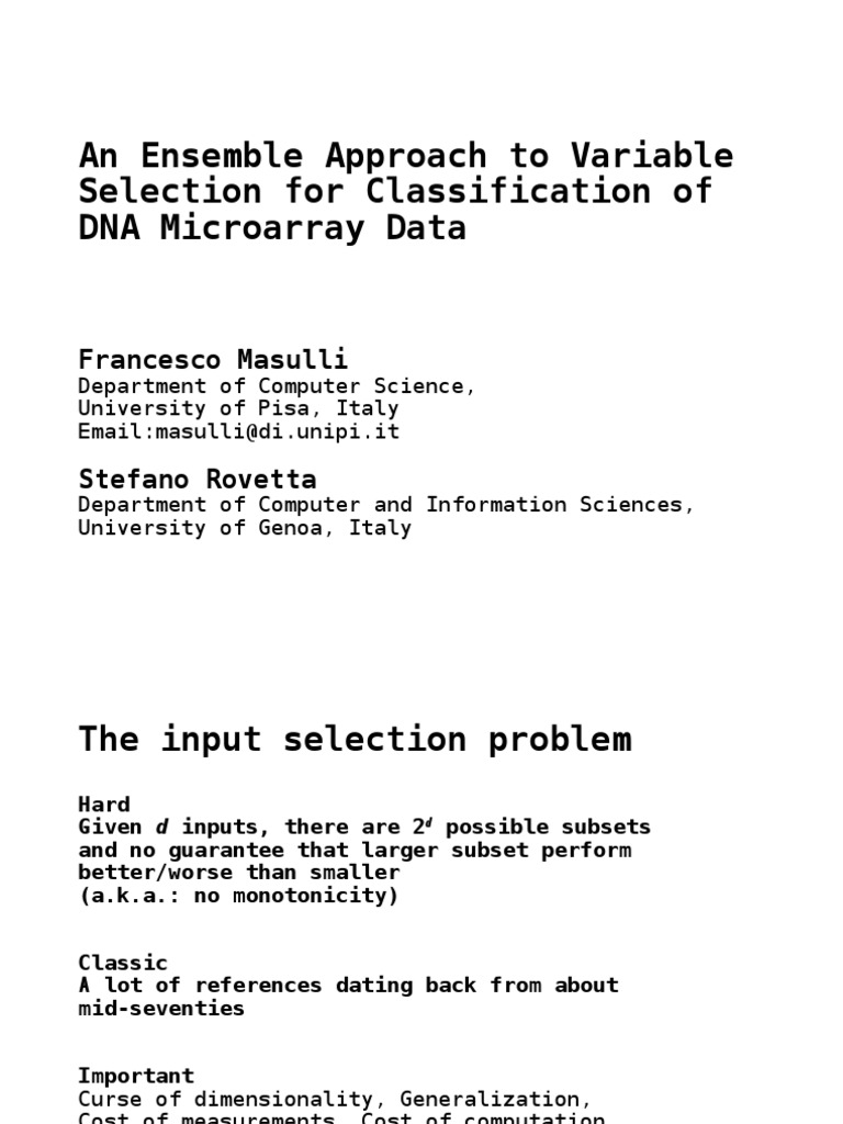 An Ensemble Approach To Variable Selection For Classification of DNA Microarray Data | PDF ...