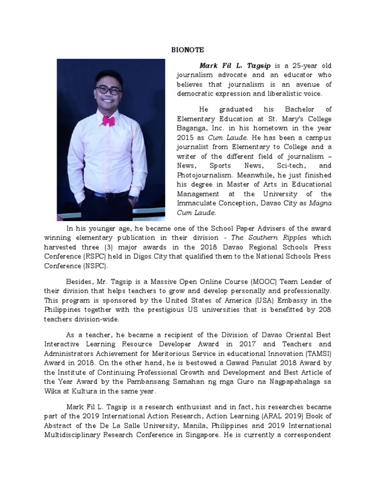 Bionote: Mark Fil L. Tagsip Is A 25-Year Old | PDF | Communication