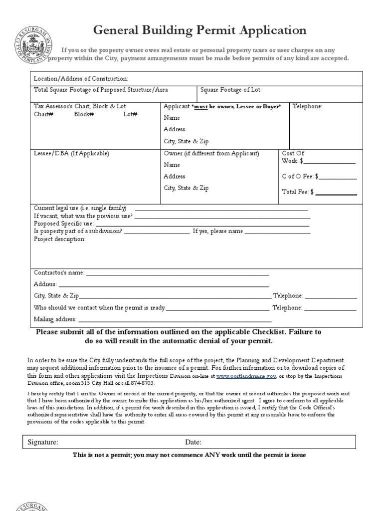 Portland, Maine Building Permit Application | PDF | Building Technology ...