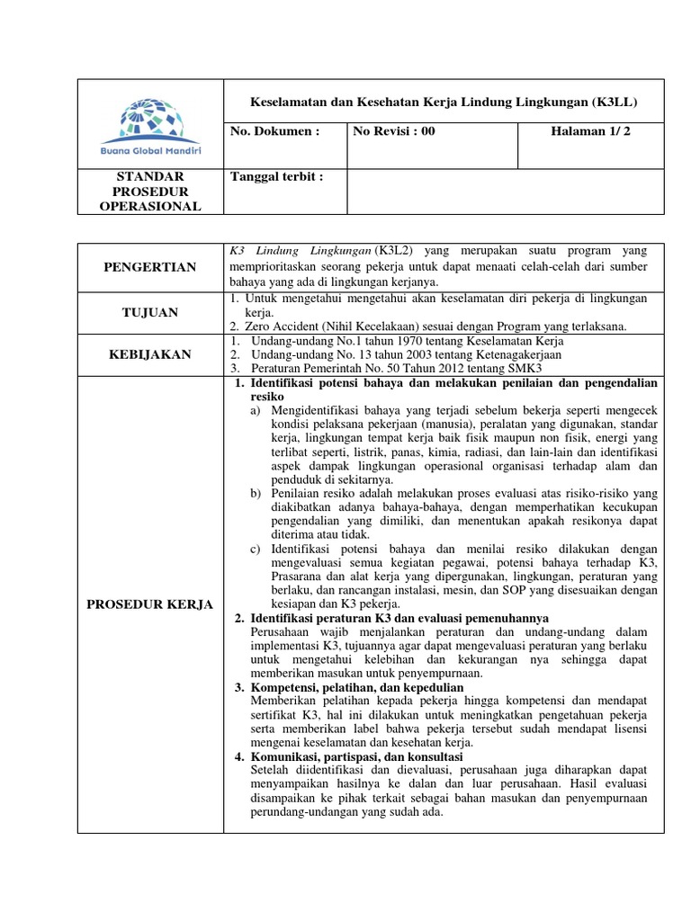 SOP Keselamatan Dan Kesehatan Kerja Lindung Lingkungan (K3LL) PT. BGM | PDF
