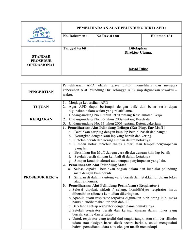 SOP Pemeliharaan Alat Pelindung Diri | PDF | Griya & Taman | Kesehatan Holistik