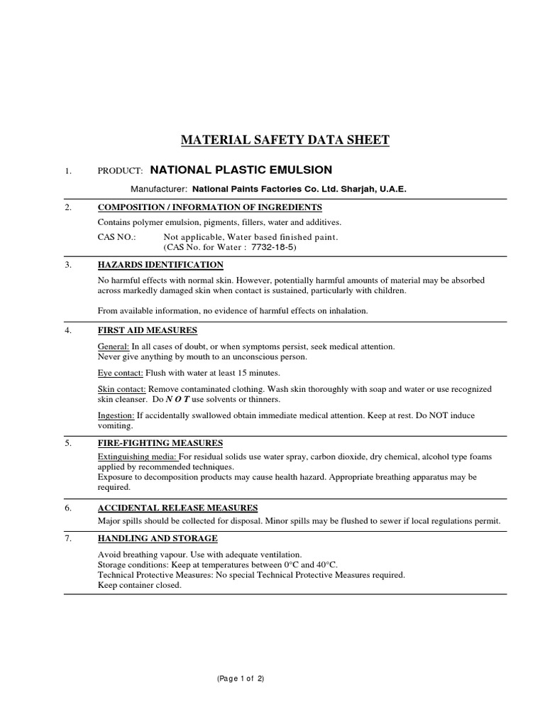 Material Safety Data Sheet: National Plastic Emulsion | Download Free ...
