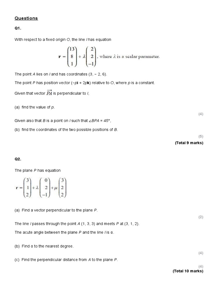 2) A Level Further Maths Further Vectors QP | PDF | Line (Geometry ...