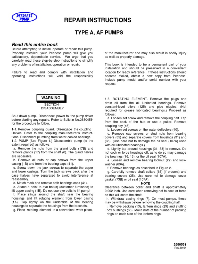 Repair Instructions: Type A, Af Pumps | PDF | Bearing (Mechanical) | Pump
