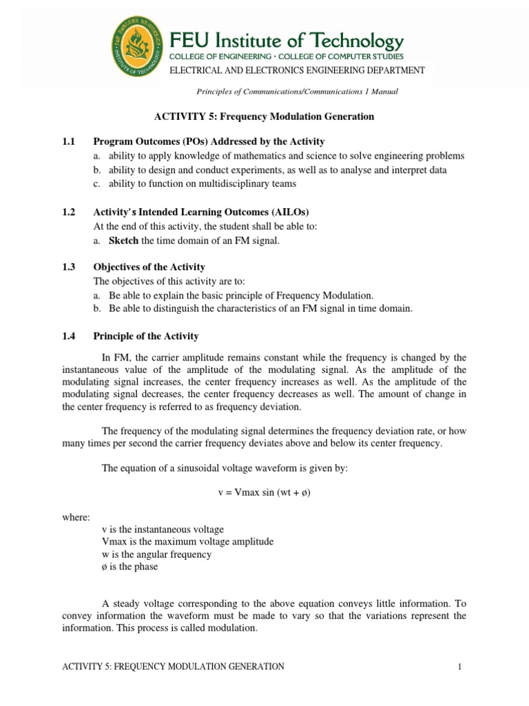 Lab Activity No. 5 - Frequency Modulation Generation | PDF | Frequency Modulation | Modulation