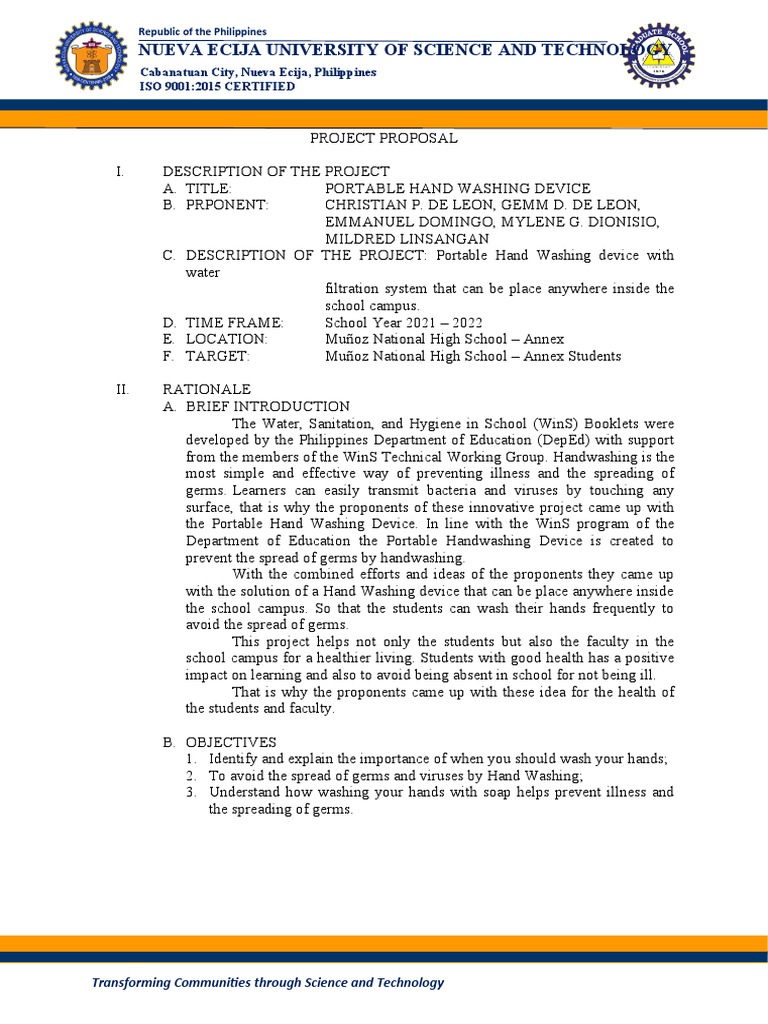 Project Proposal Portable Handwashing Device | PDF | Hand Washing ...