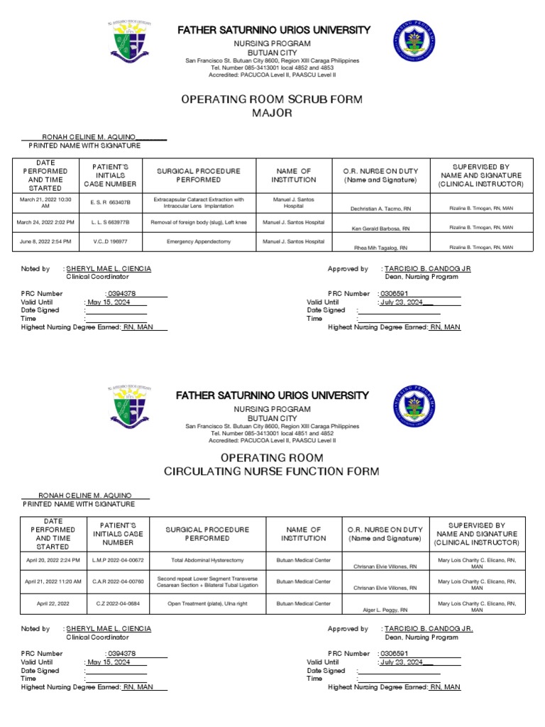 Operating Room Scrub Form Major: Father Saturnino Urios University ...