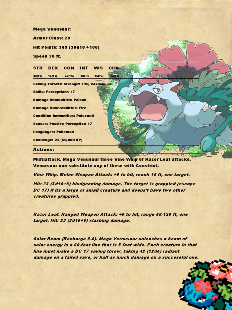 Mega Venusaur: Armor Class: 20 Hit Points: 369 (30d10 +100) Speed 30 Ft ...