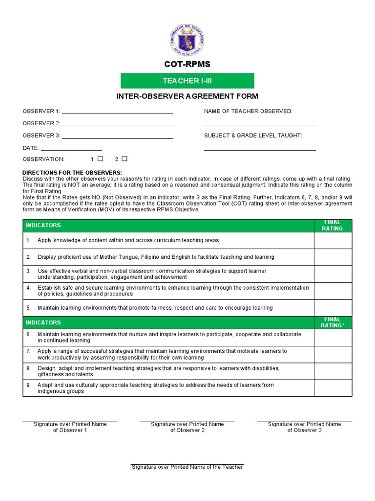Appendix 3F COT RPMS Inter Observer Agreement Form For T I III For SY ...