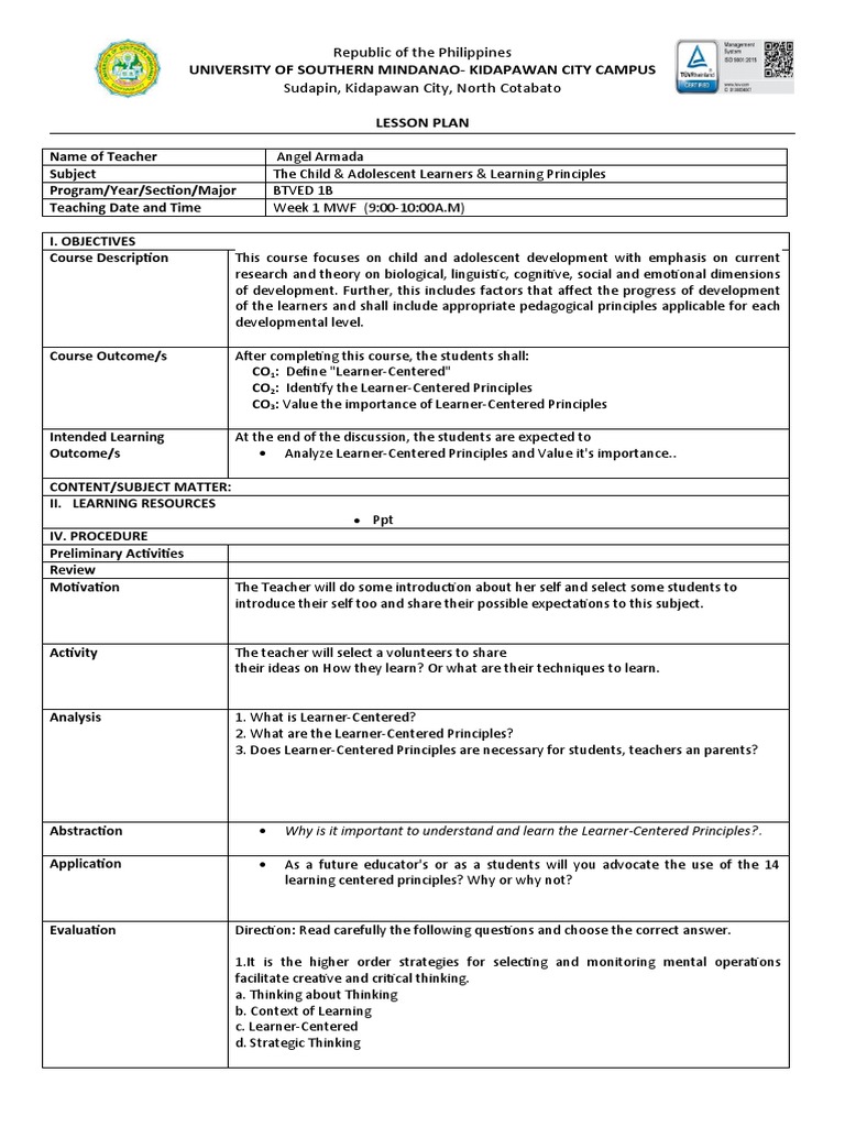 University of Southern Mindanao-Kidapawan City Campus Lesson Plan ...