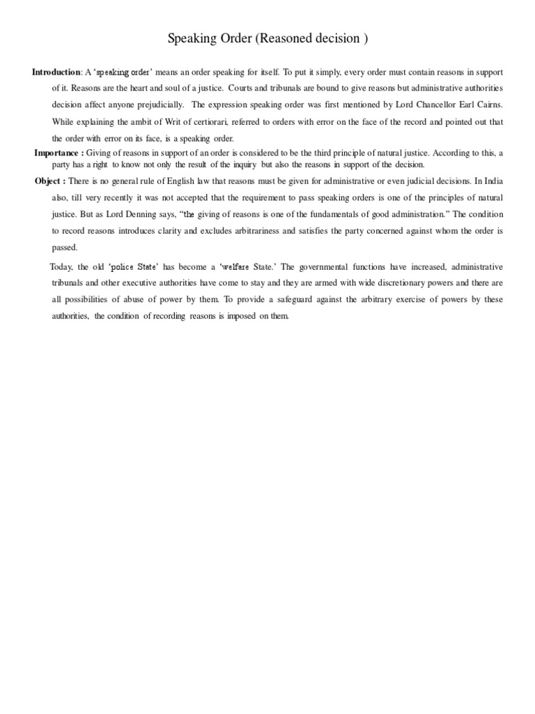 Speaking Order (Reasoned Decision) | PDF | Supreme Court Of India | Appeal