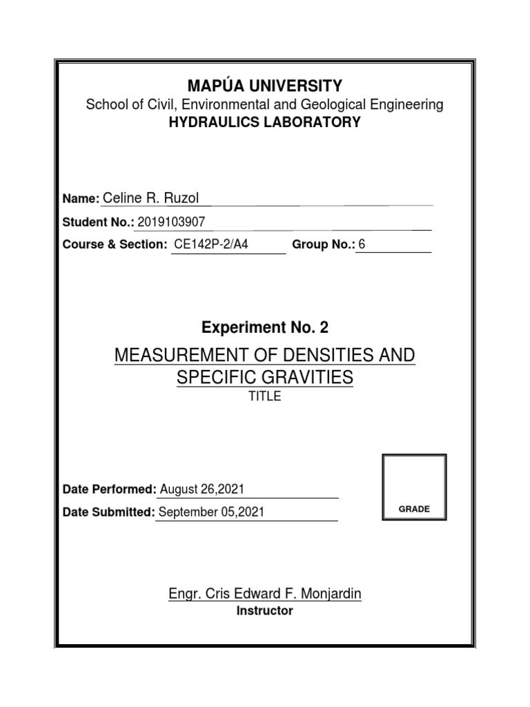 Measurement of Densities and Specific Gravities: Mapúa University | PDF ...