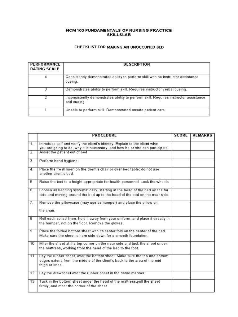 Bed Making Unoccupied Checklist 1 1 1 | PDF | Bed | Pillow