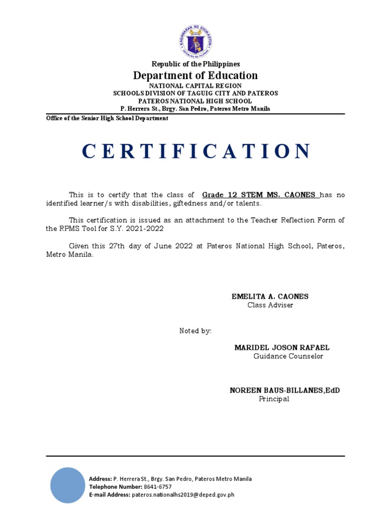 Certification: Department of Education | PDF | Metro Manila | Cognition