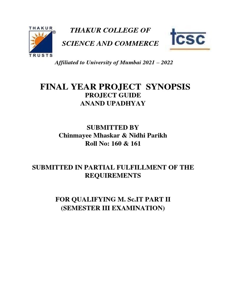 Final Year Project Synopsis: Thakur College of Science and Commerce ...
