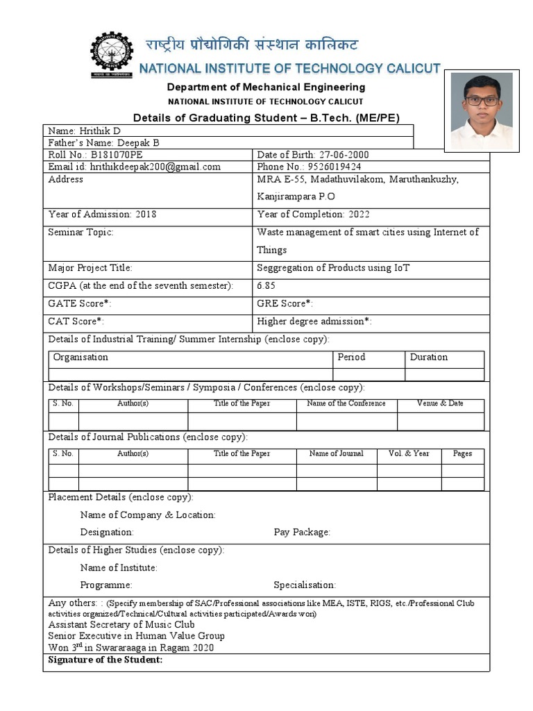 Details of Graduating Student - B.Tech. (ME/PE) : Department of ...