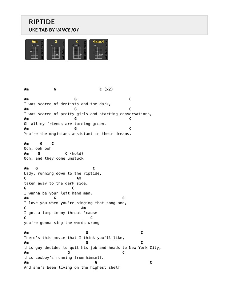 Riptide Uke Tab by Vance Joy - Ukulele Tabs | PDF | Songs | Songs Written