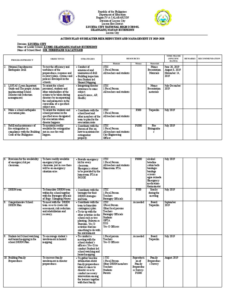DRRM Action Plan 2019-2020 | Download Free PDF | Emergency Management ...