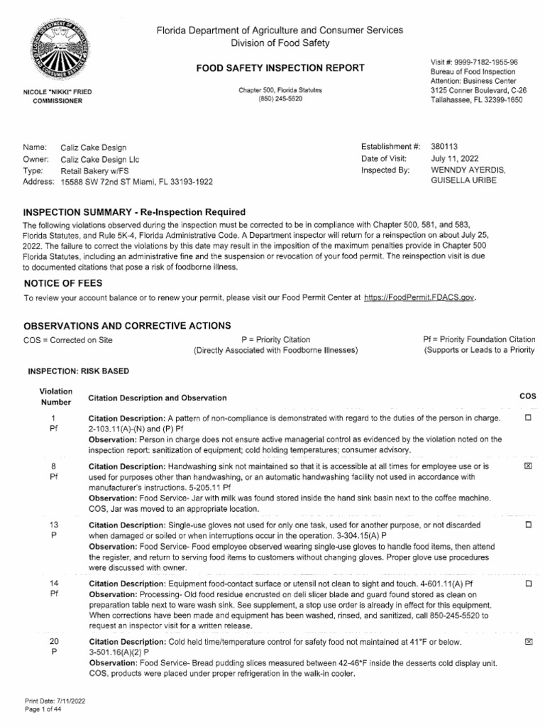 Inspection Report | PDF | Food Safety | Foods