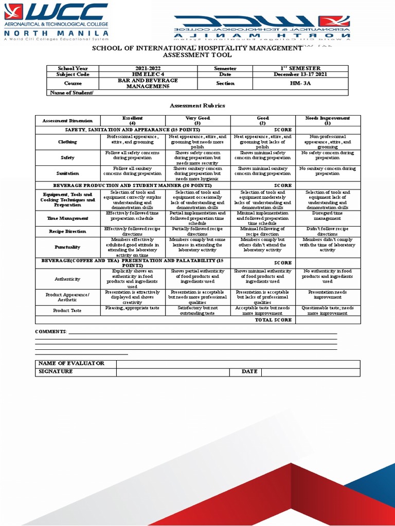 Bar and Beverage Rubrics Finals | PDF | Sanitation | Foods